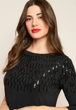 ROAMAN'S 3/4 Sleeve Embellished Boatneck Dress - Black