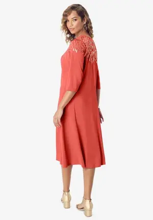 Roaman's 3/4 Sleeve Embellished Boatneck Dress - Black