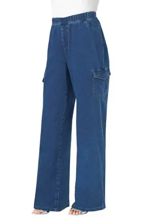 Roaman's Wide Leg Cargo Knit Jeans - Medium Wash