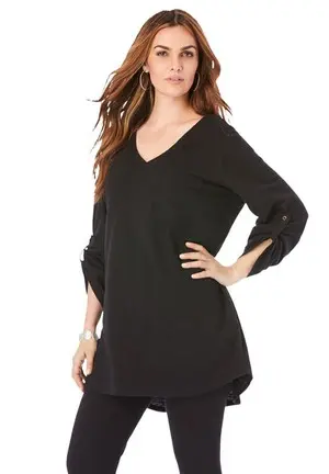 ROAMAN'S Textured Boyfriend Tunic With Roll-tab Sleeves - Black
