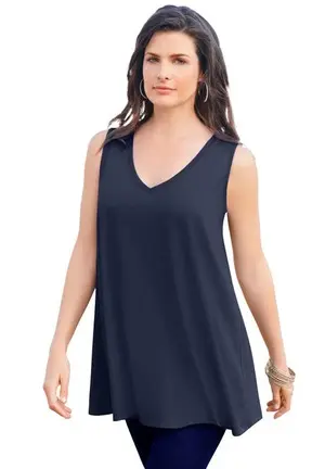 Roaman's Cotton Ultimate Swing Tank Top - Navy