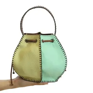 Carlos Falchi Handcrafted Paneled Leather Bucket Bag - Lemon Lime