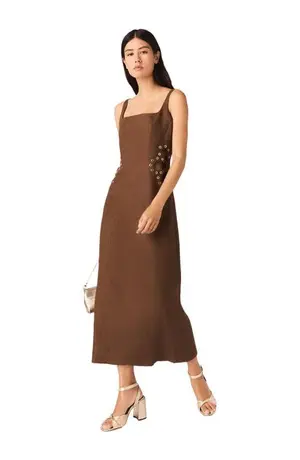 Maje Linen-blend Midi Dress With Floral Cut-outs