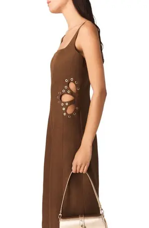 Maje Linen-blend Midi Dress With Floral Cut-outs