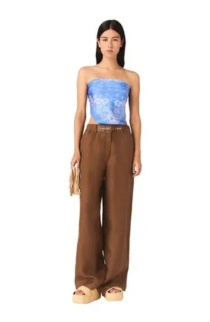 Maje Linen-blend Trousers With Gold Buckle Belt - Brown