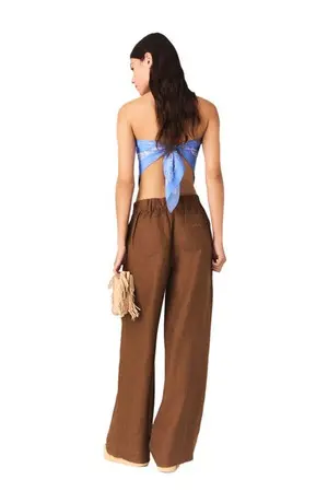 Maje Linen-blend Trousers With Gold Buckle Belt - Brown