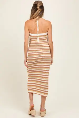 PINKBLUSH Striped Halter Crochet Knit Midi Dress