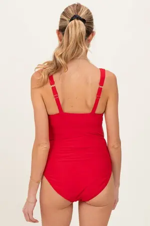 PINKBLUSH Scalloped Cutout Ruched One Piece Swimsuit - Red