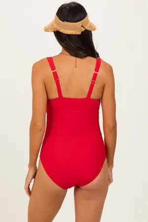 PINKBLUSH Scalloped Cutout Ruched One Piece Swimsuit - Red
