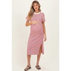 PINKBLUSH Striped Short Sleeve Maternity Midi Dress - Red