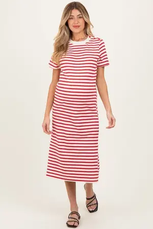 PINKBLUSH Striped Short Sleeve Maternity Midi Dress - Red