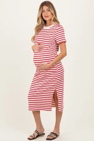 PINKBLUSH Striped Short Sleeve Maternity Midi Dress - Red