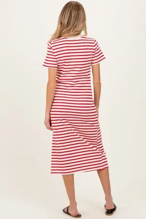 PINKBLUSH Striped Short Sleeve Maternity Midi Dress - Red