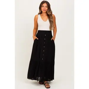 PINKBLUSH Smocked Waist Button Accent Maxi Skirt