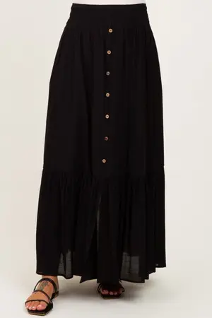 PINKBLUSH Smocked Waist Button Accent Maxi Skirt