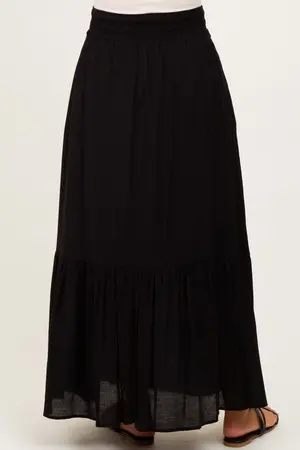 PINKBLUSH Smocked Waist Button Accent Maxi Skirt