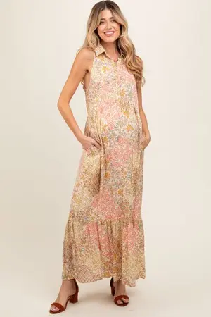 PINKBLUSH Floral Sleeveless Button Tiered Maxi Dress