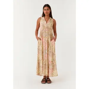 PINKBLUSH Floral Sleeveless Button Tiered Maxi Dress - Peach