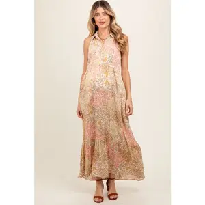 PINKBLUSH Sleeveless Floral Button Collared Tiered Maxi Dress - Peach