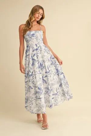 PINKBLUSH Printed A-line Midi Dress With Spaghetti Straps - Blue
