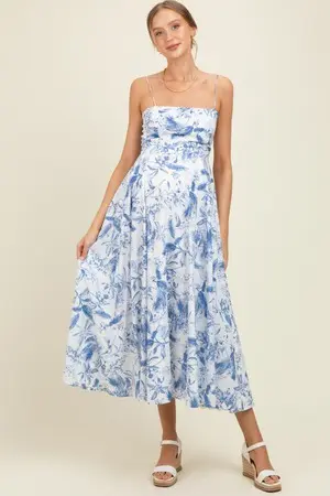 PINKBLUSH Printed A-line Midi Dress With Spaghetti Straps - Blue