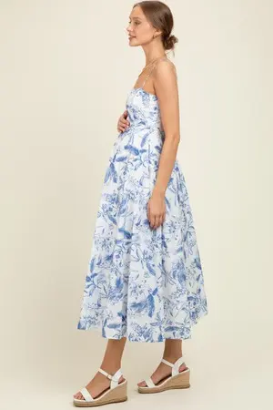 PINKBLUSH Printed A-line Midi Dress With Spaghetti Straps - Blue