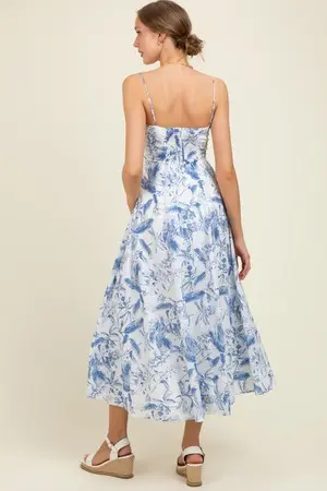 PINKBLUSH Printed A-line Midi Dress With Spaghetti Straps - Blue