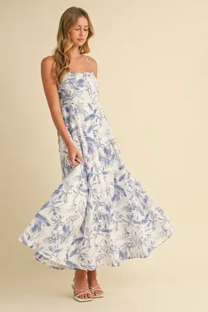 PINKBLUSH Printed A-line Midi Dress With Spaghetti Straps - Blue