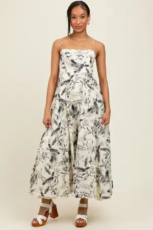 PINKBLUSH Printed A-line Midi Dress With Spaghetti Straps - Cream