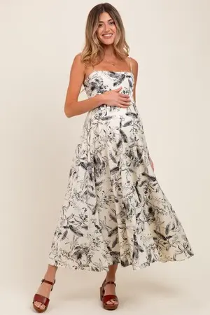 PINKBLUSH Printed A-line Midi Dress With Spaghetti Straps - Cream