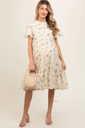 PINKBLUSH Floral Print Eyelet Lace Tiered Maternity Dress