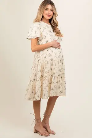 PINKBLUSH Floral Print Eyelet Lace Tiered Maternity Dress