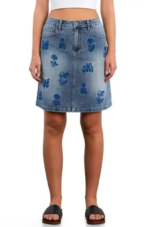HINT OF BLU Wildflower Floral Embroidered Denim Skirt - Classic Blue