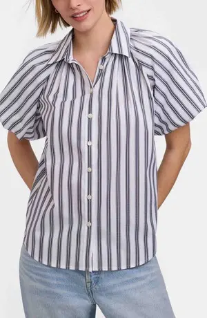 Foxcroft Striped Puff Sleeve Button-up Shirt