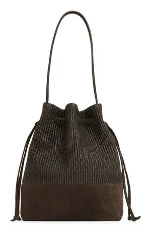 MANSUR GAVRIEL Drawstring Woven Raffia And Suede Bucket Bag - Ebony