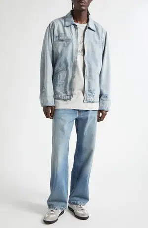 MAISON MARGIELA Distressed Zip-up Denim Trucker Jacket - Light Blue