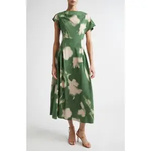 Lela Rose Abstract Floral Draped Crepe A-line Midi Dress