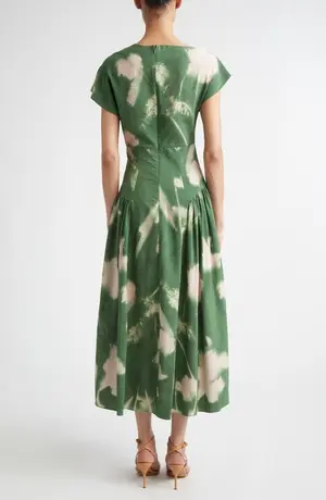 Lela Rose Abstract Floral Draped Crepe A-line Midi Dress