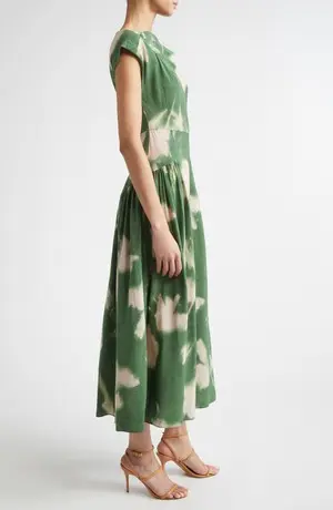 Lela Rose Abstract Floral Draped Crepe A-line Midi Dress