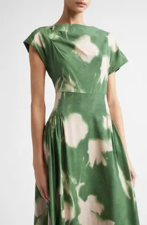 Lela Rose Abstract Floral Draped Crepe A-line Midi Dress