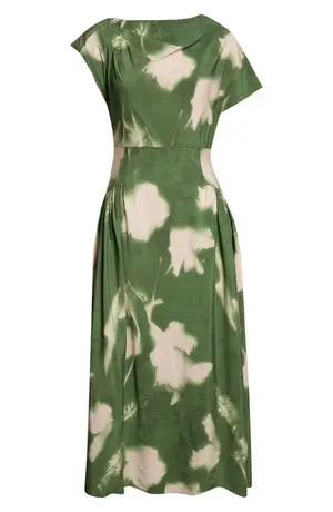 Lela Rose Abstract Floral Draped Crepe A-line Midi Dress