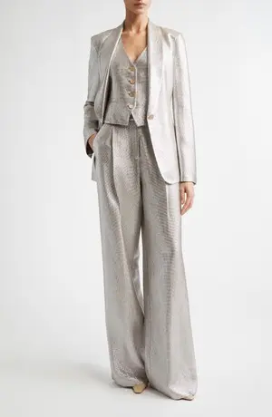 St. John Shawl Collar Lamé Suiting Jacket - Antique Silver