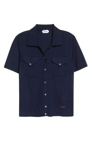 Versace Embroidered Virgin Wool Shirt Cardigan - Navy