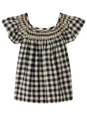 Bonpoint Carlie Checkered-print Embroidered Blouse - Grey