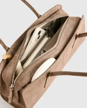 Quince Italian Suede East-west Shoulder Bag - Pebble