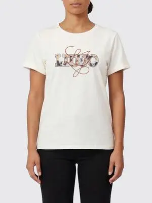 Liu Jo Cotton T-shirt With Rhinestone Logo And Floral Embroidery