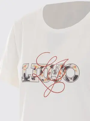 Liu Jo Cotton T-shirt With Rhinestone Logo And Floral Embroidery