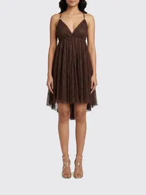 Elisabetta Franchi Lace Mini Dress With Criss-cross Straps And Asymmetrical Hem - Brown