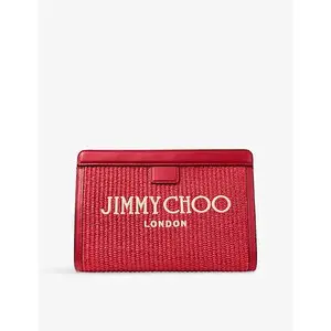 JIMMY CHOO Embroidered-logo Raffia And Leather Pouch - Ruby Red/light Gold
