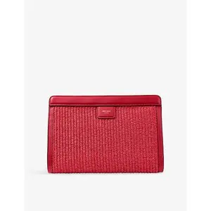 JIMMY CHOO Embroidered-logo Raffia And Leather Pouch - Ruby Red/light Gold